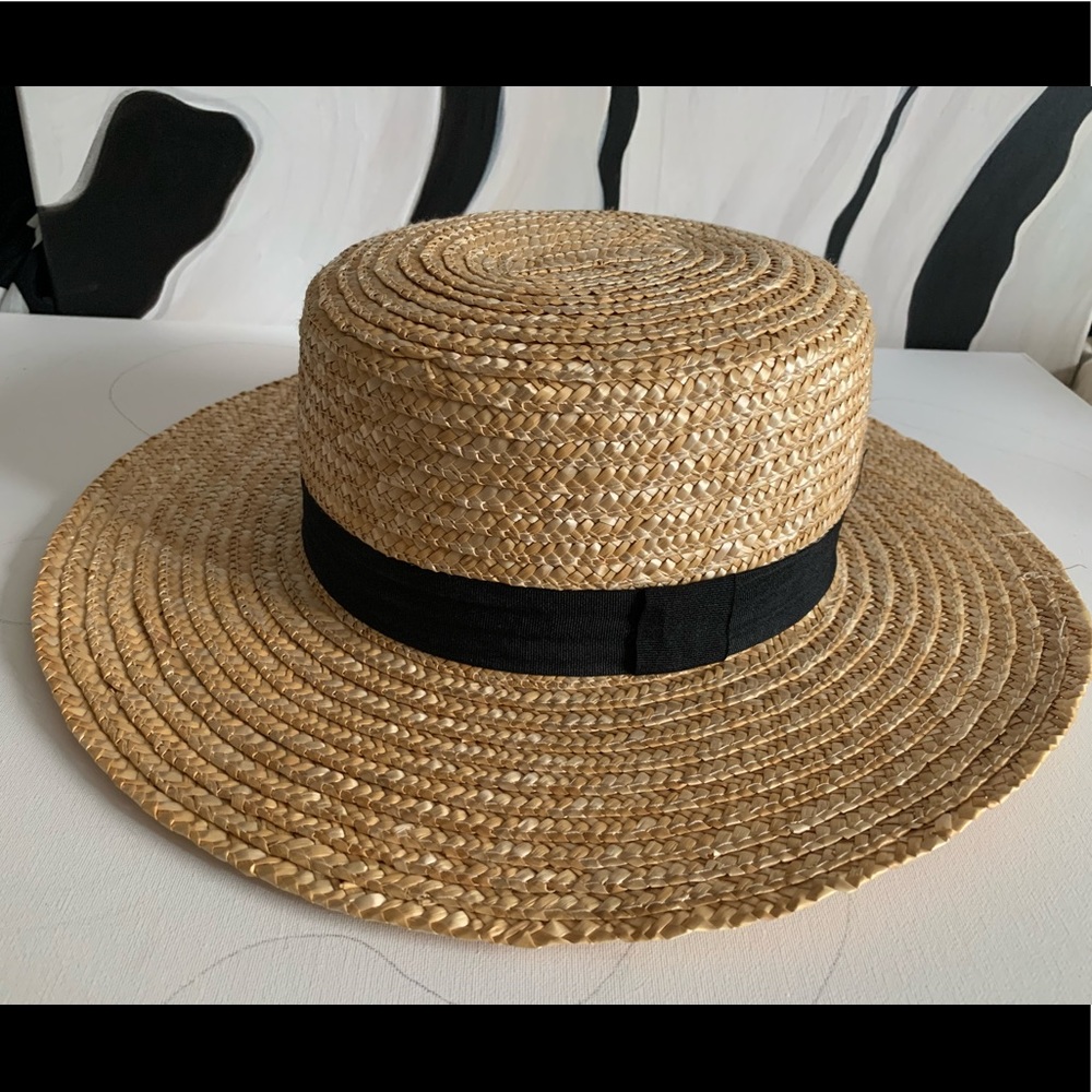 Straw Boater Hat With Black Grosgrain Ribbon - Gem